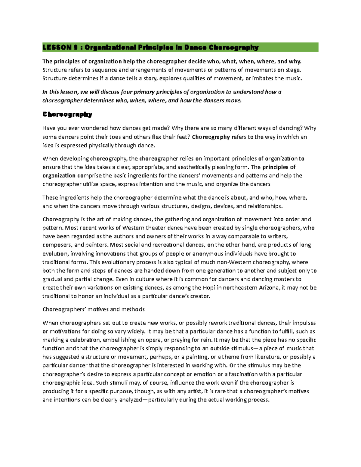 Organizational Principles in Dance Choreography - Structure refers to ...