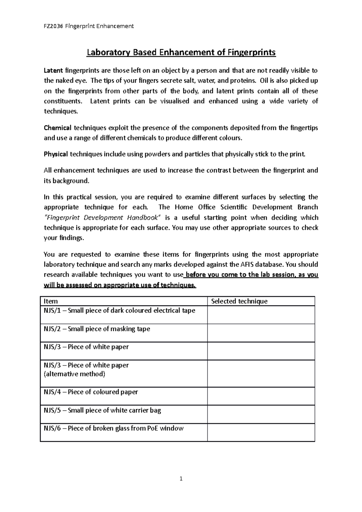 Fingerprints prac - Fingerprint prac instructions - Laboratory Based ...