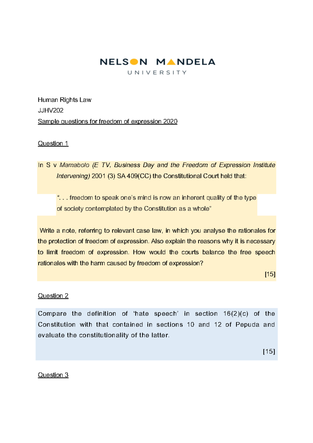Sample questions freedom of expression - Human Rights Law JJHV Sample ...