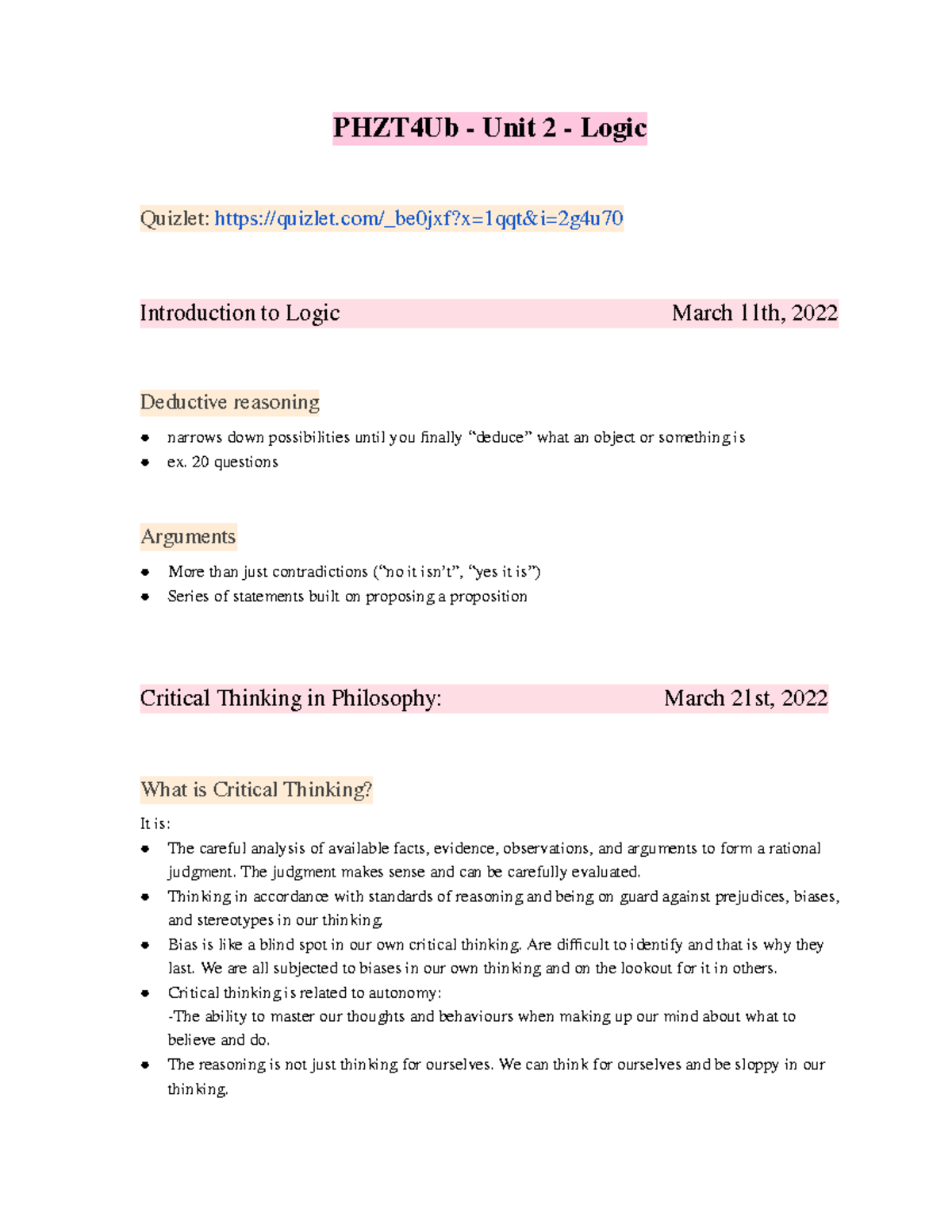 Unit 2 Logic - HZT4U - Damen Unit 2 Notes - PHZT4Ub - Unit 2 - Logic ...