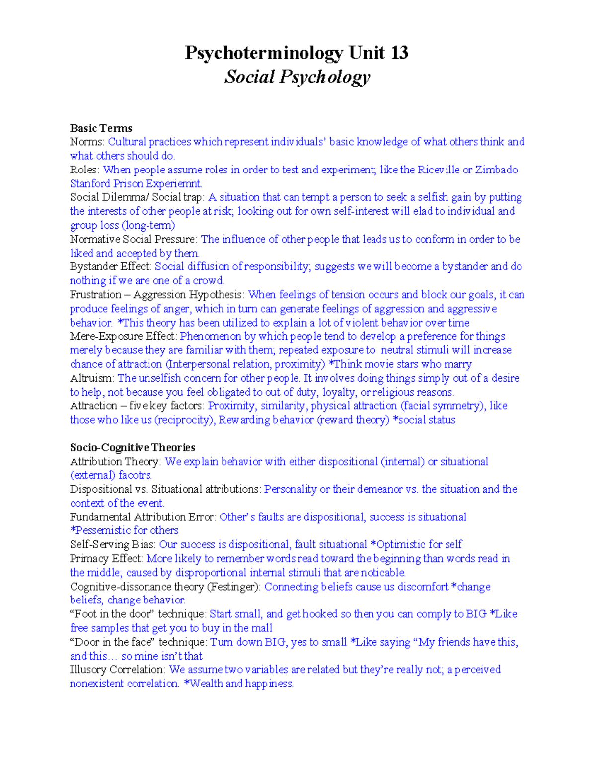 Psych Unit 13Key Terms - Psychoterminology Unit Social Psychology Basic ...