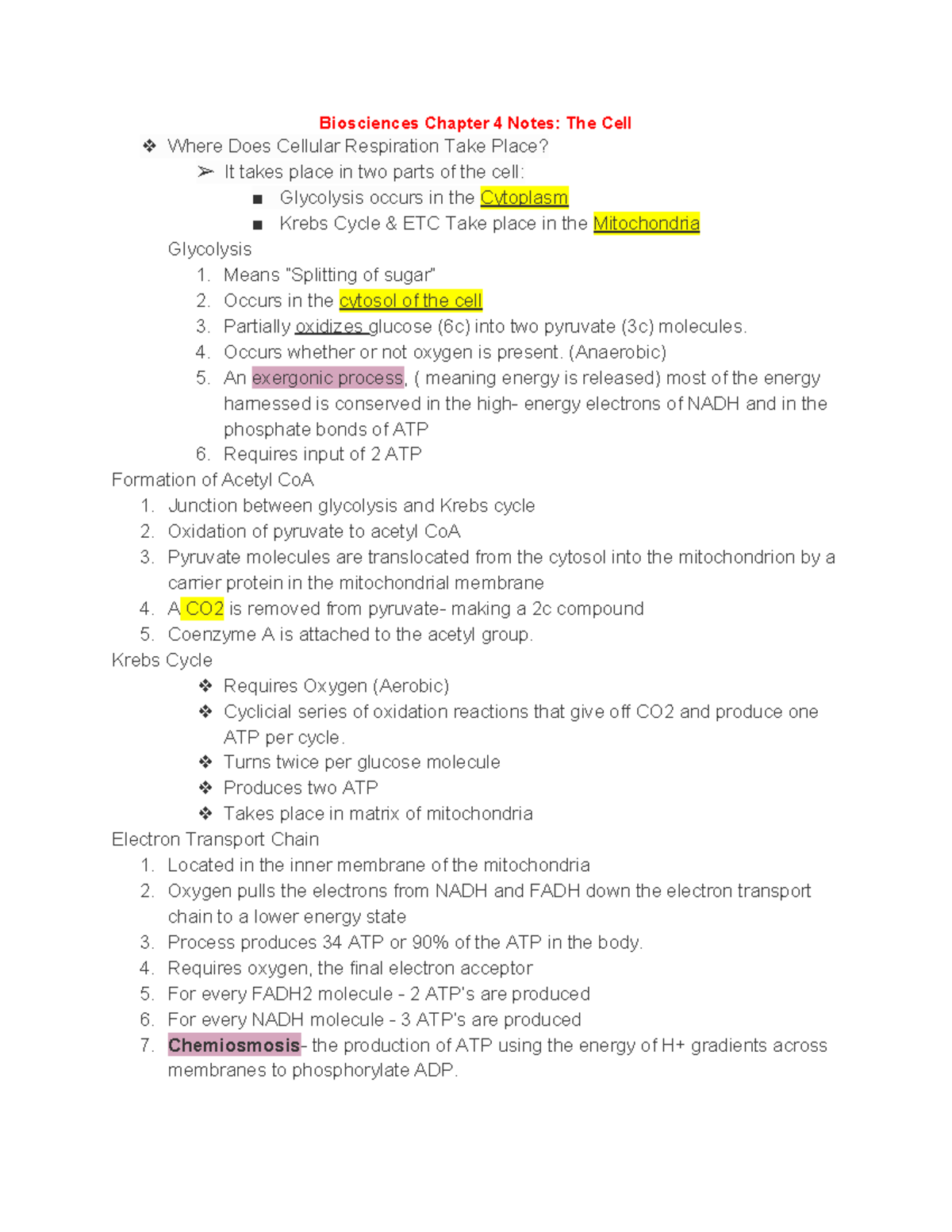 Chapter 4 Notes - Biosciences Chapter 4 Notes: The Cell Where Does ...