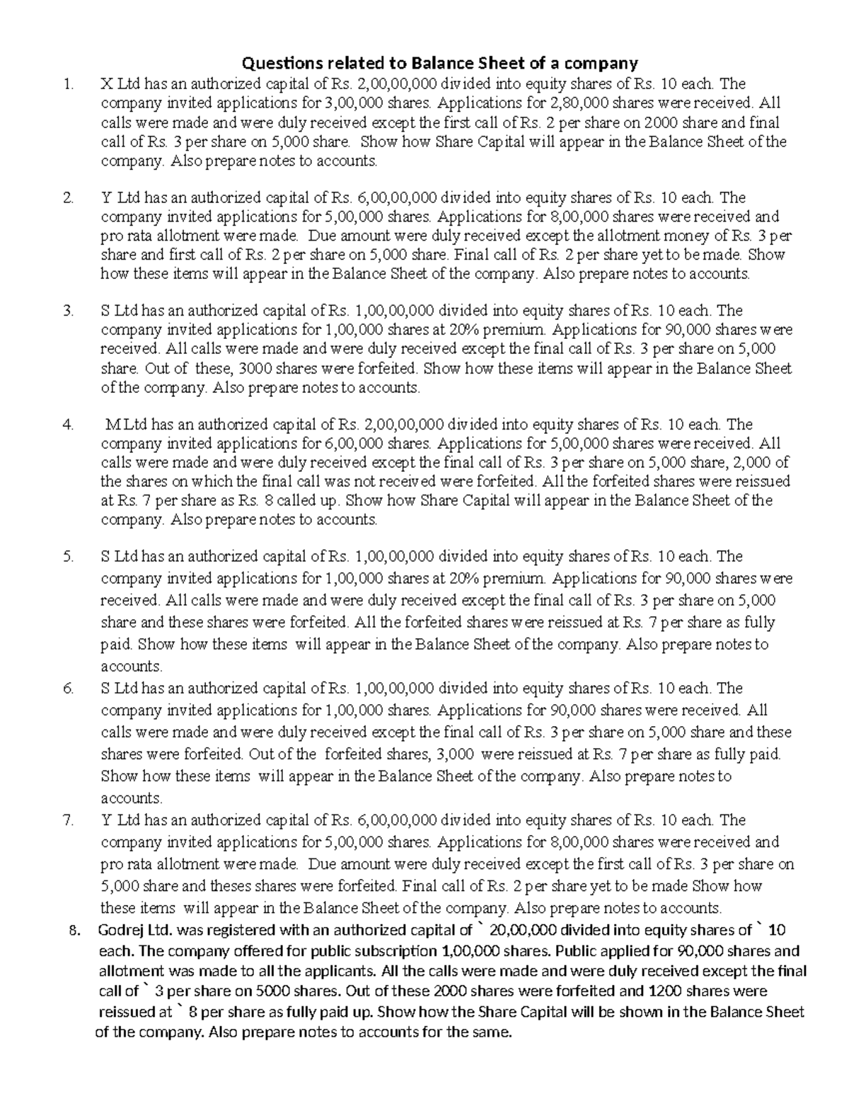 Company Acounts Balance Sheet questions - Questions related to Balance ...