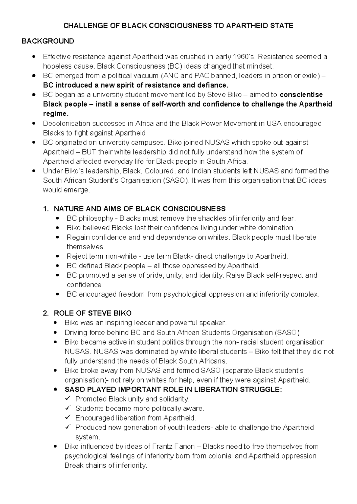 BIKO BC Essay - Summary notes on Black Consciousness Movement ...