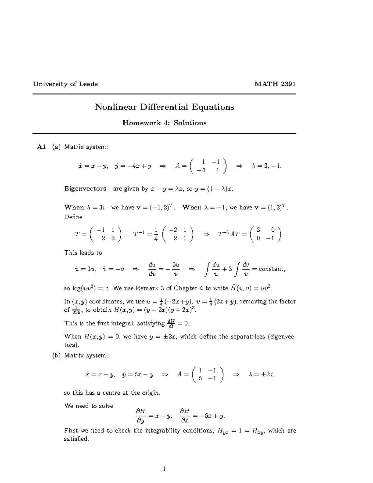 2391-2022-HW4solutions - University of Leeds MATH 2391 Nonlinear Differential Equations Homework ...