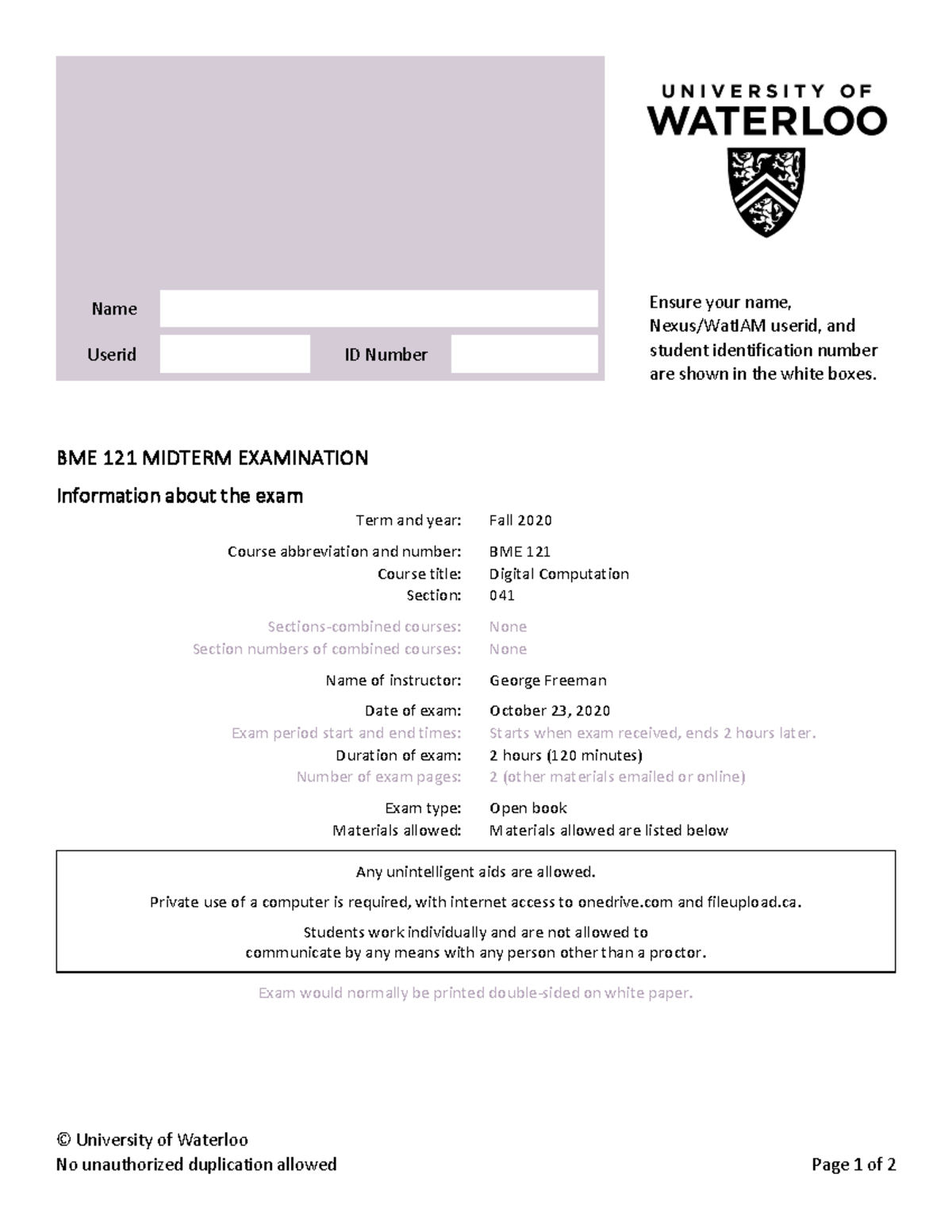 BME 121 Final Exam - © University of Waterloo No unauthorized duplication allowed Page 1 of 2 ...