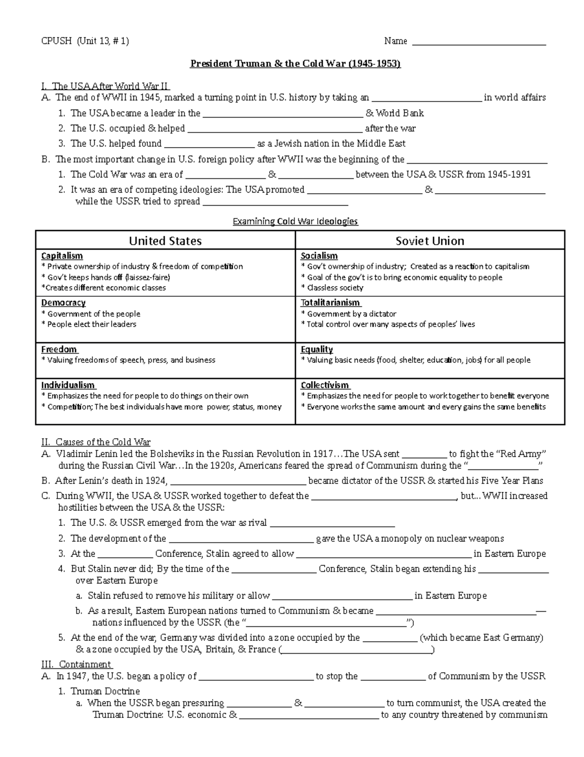 1The Cold War - history work - CPUSH (Unit 13, # 1) Name ...
