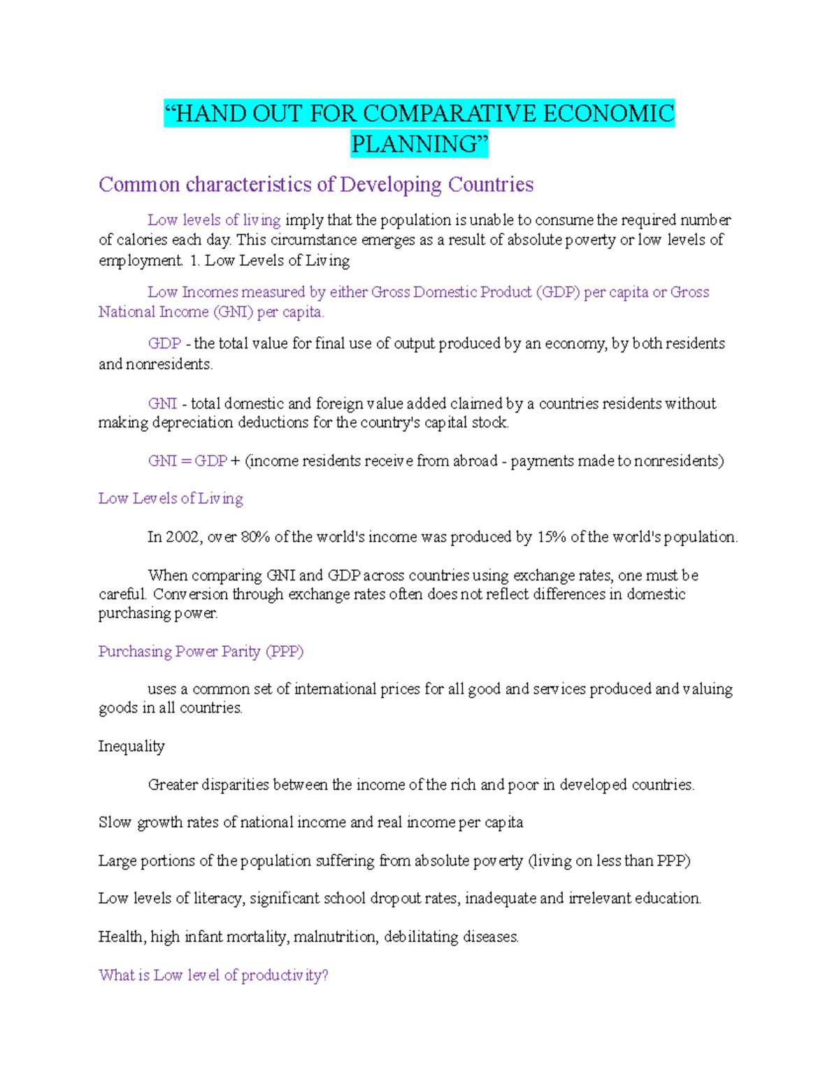 Hand Out For Comparative Economic Planning Hand Out For Comparative