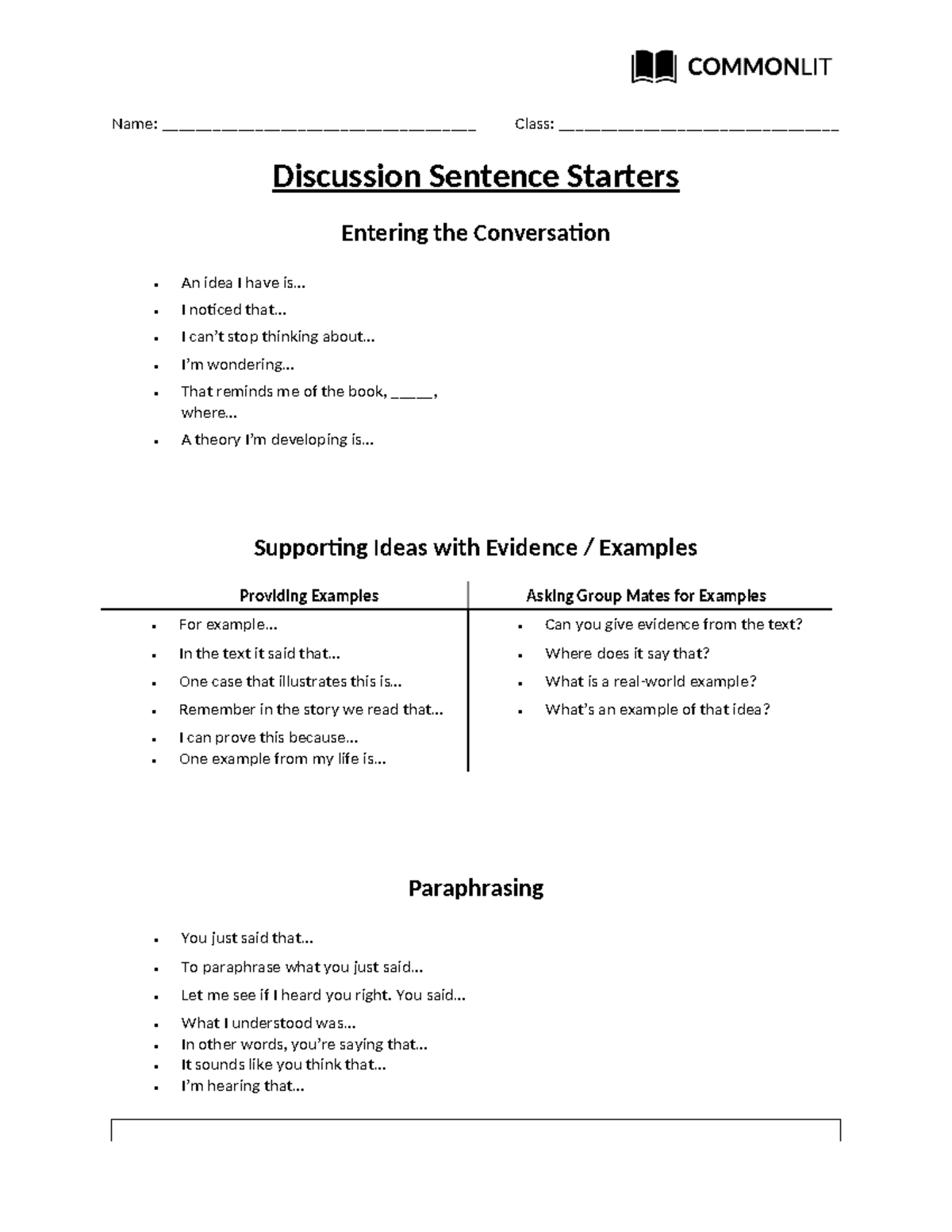 Discussion Starters - Name: _____________________________________ Class ...