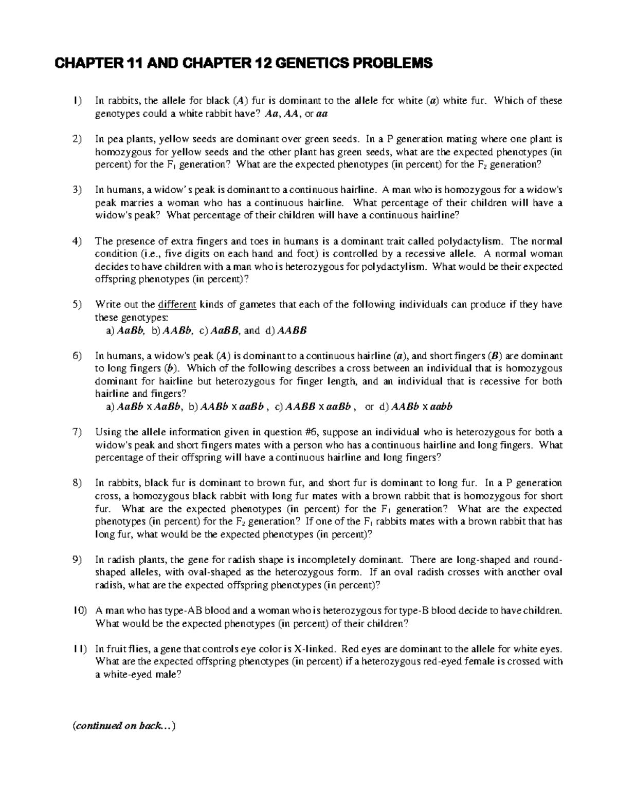 Chapter 11 and chapter 12 genetics problems - CHAPTER 11 AND CHAPTER 12 ...