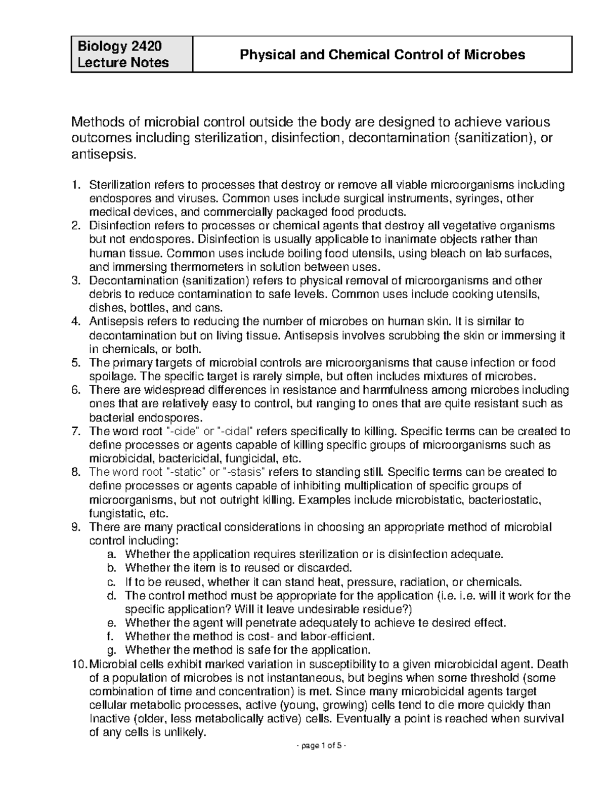 Microbiology Lecture Notes - Physical and Chemical Control of Microbes ...