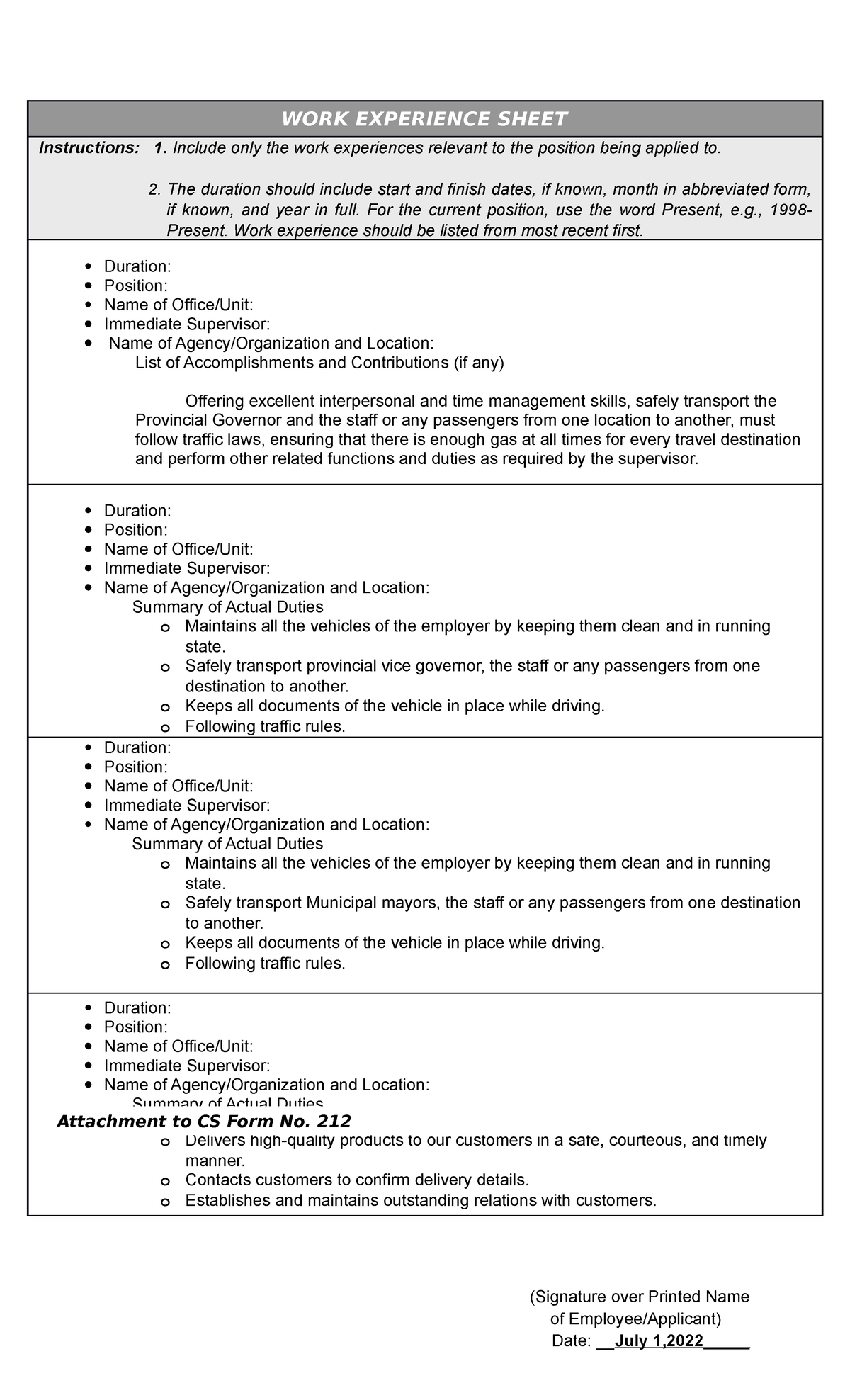 JEN WES - Copy - free - WORK EXPERIENCE SHEET Instructions: 1. Include only the work experiences ...