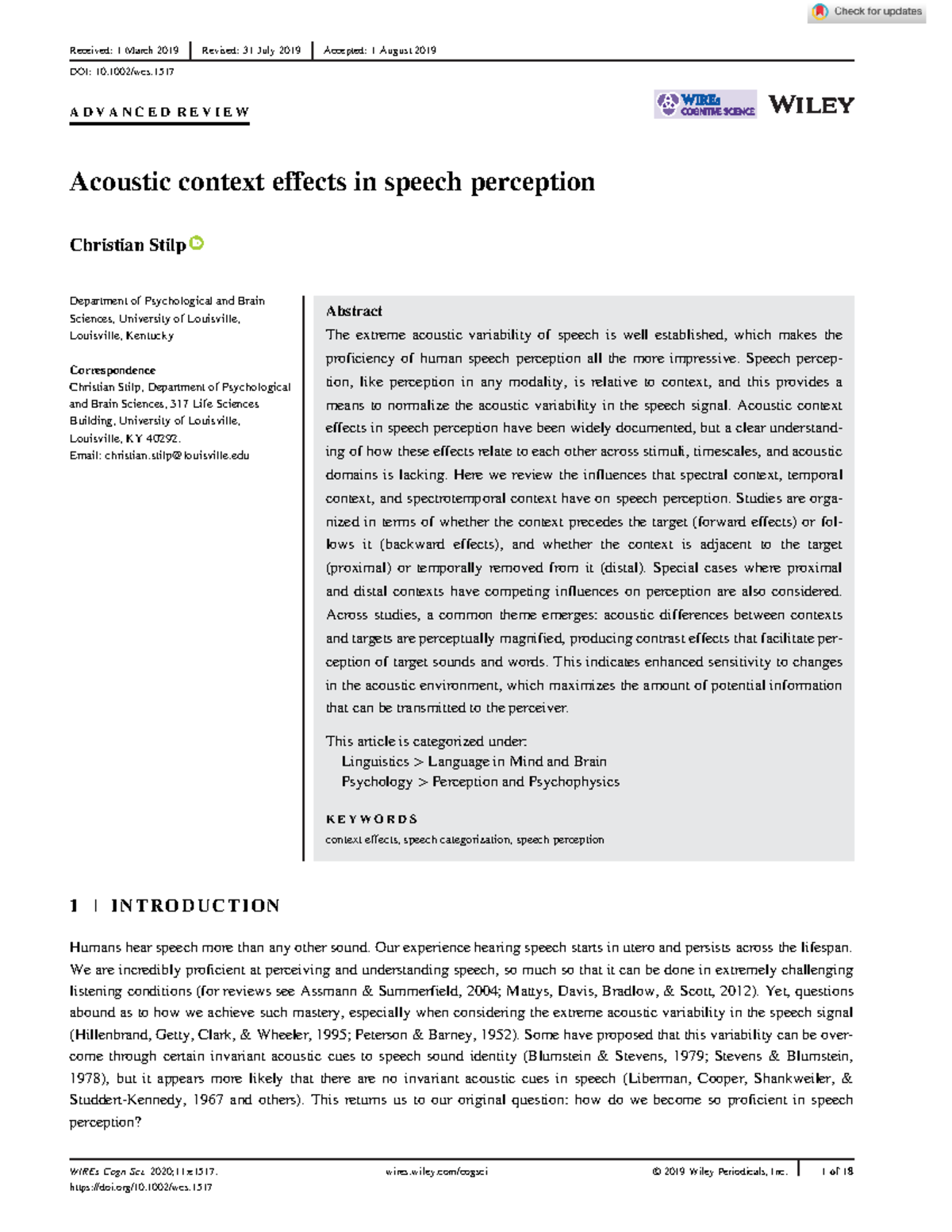Acoustic context effects in speech perception - A D V A N C E D R E V I ...