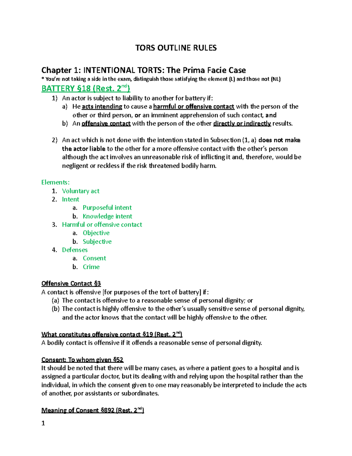TORS Outline Rules - notes - TORS OUTLINE RULES Chapter 1: INTENTIONAL ...