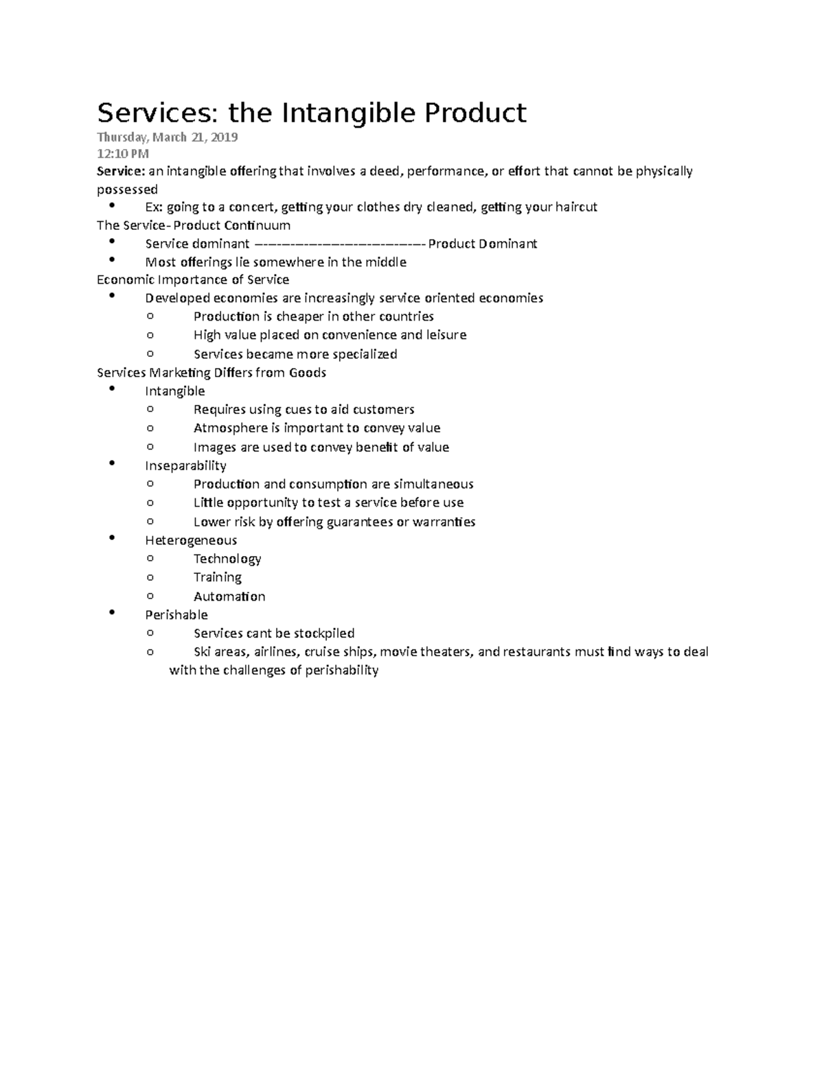 Chapter 13 Notes - Services: the Intangible Product Thursday, March 21 ...