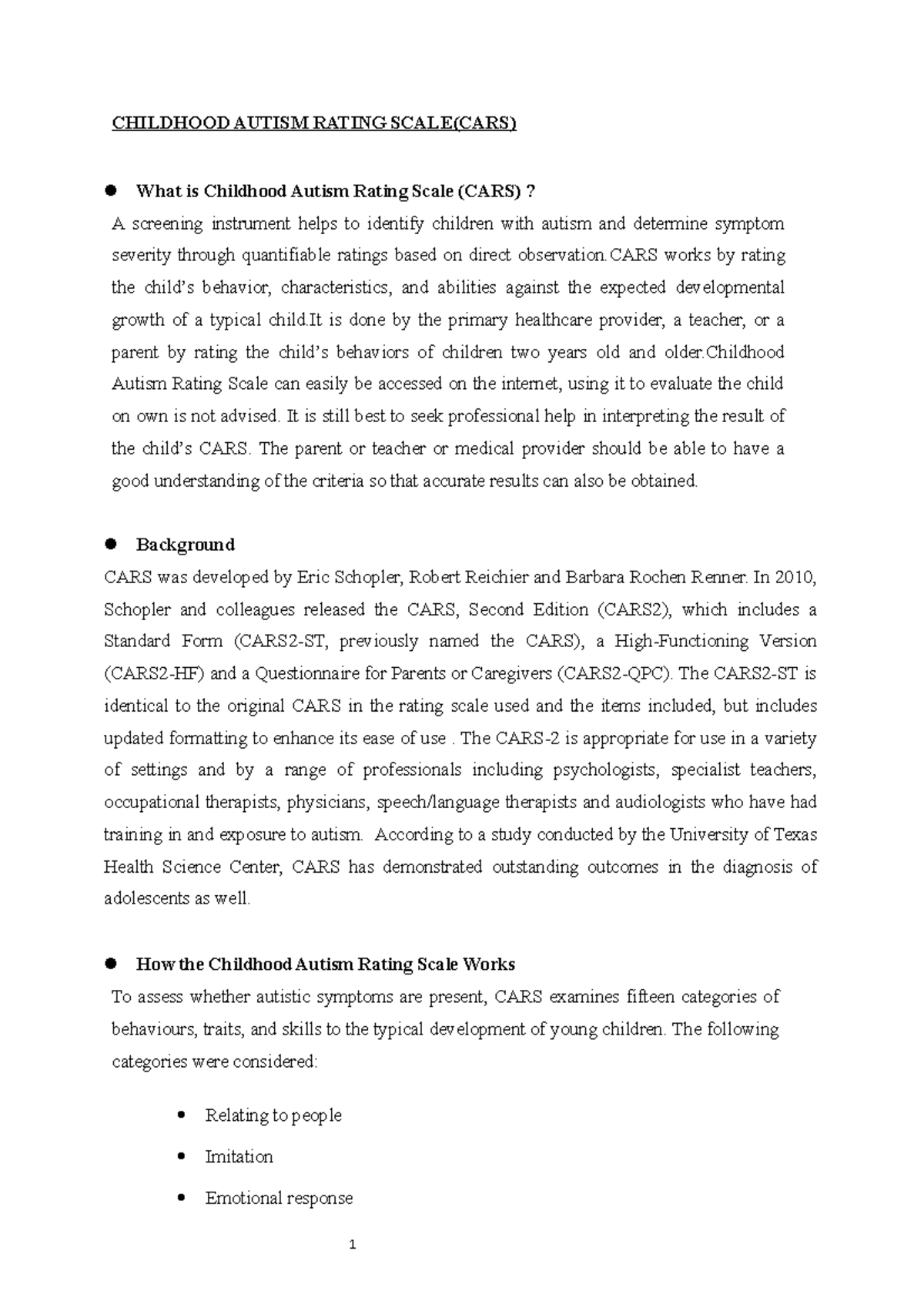 CARS(Renugaa) - autism assessment form report - CHILDHOOD AUTISM RATING ...