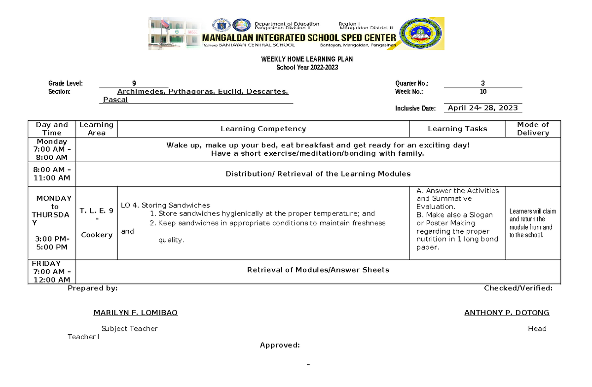 WHLP-TLE-Q4W1 - Weekly Home Learning Plan - WEEKLY HOME LEARNING PLAN ...