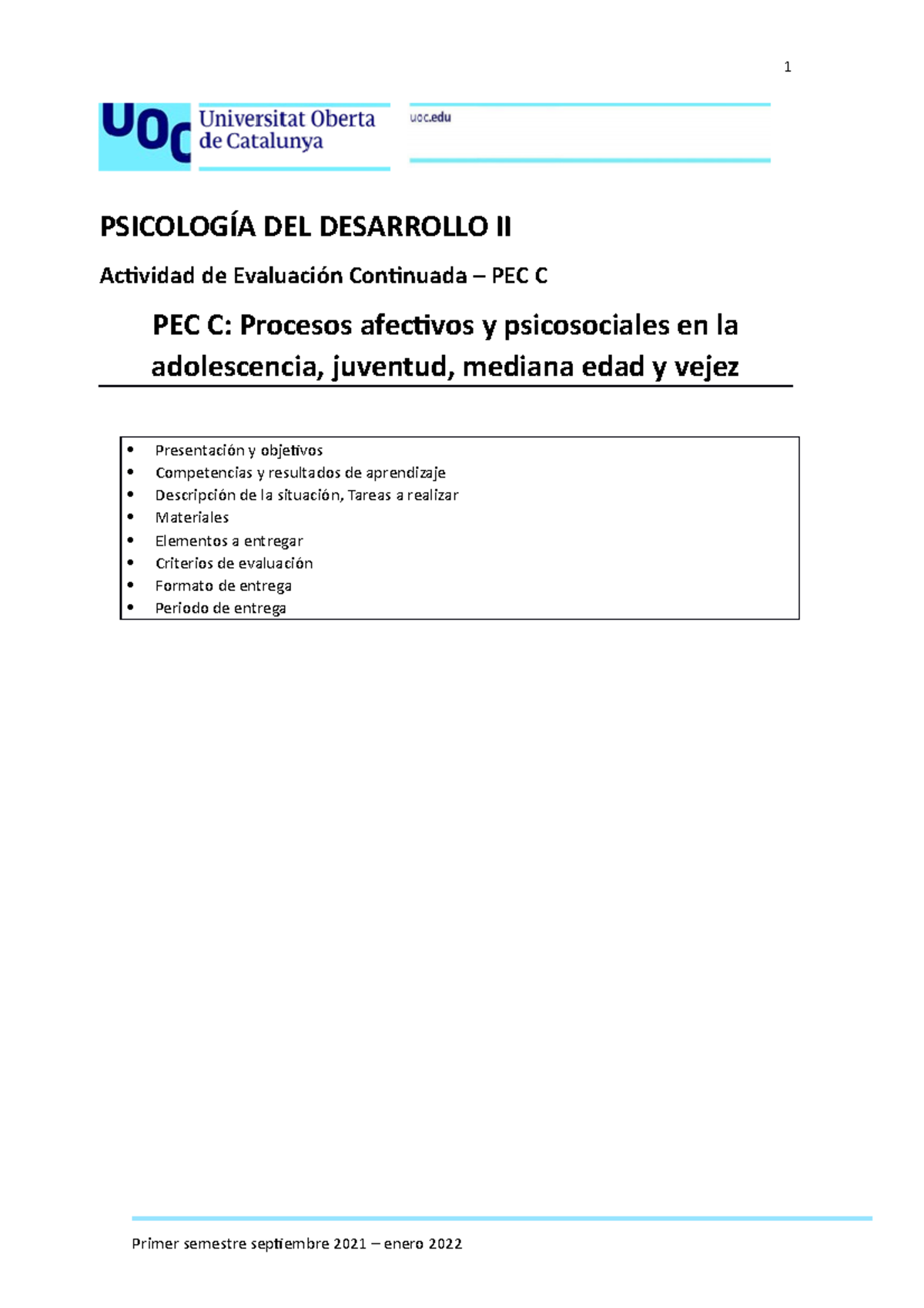 PEC C Enunciado 2021 2 - PSICOLOGÍA DEL DESARROLLO II Actividad de Evaluación Continuada – PEC C ...