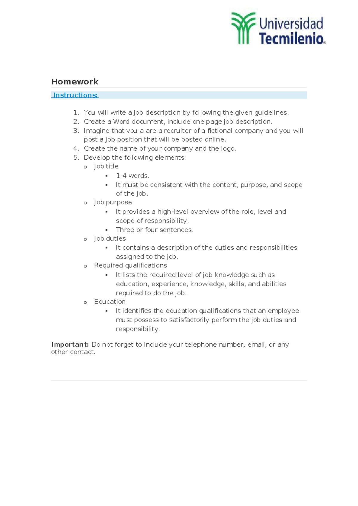 Homework 13 English - tarea 13 - Homework Instructions: 1. You will write a job description by ...