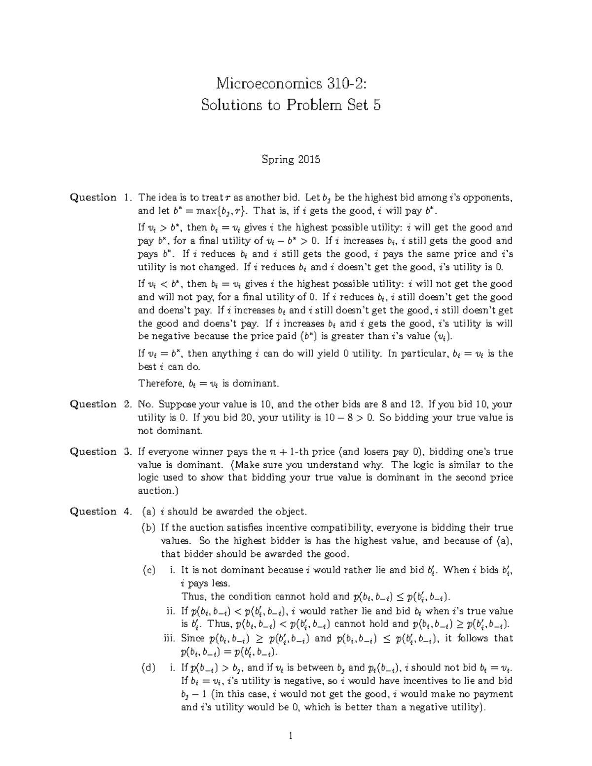 310-2 homework 5 solutions - Advanced Microeconomics 2 - Microeconomics ...