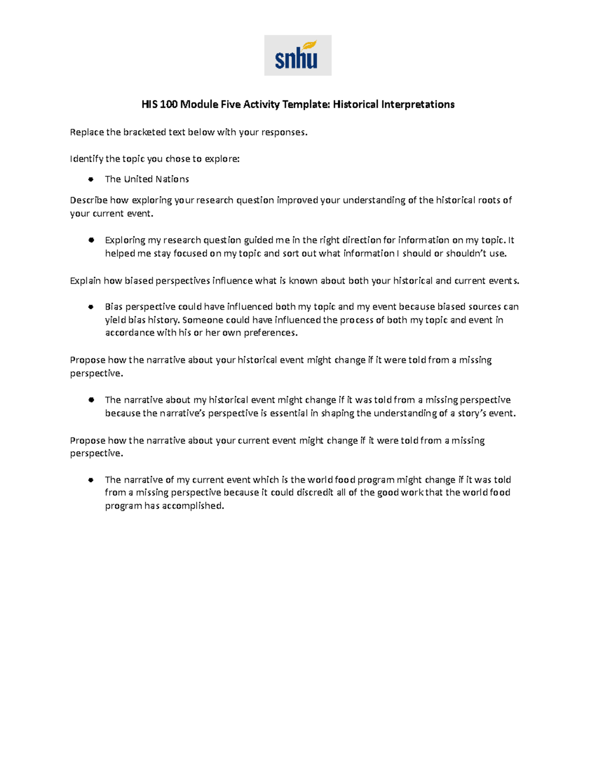 HIS 100 Module Five Activity Template - Identify the topic you chose to ...