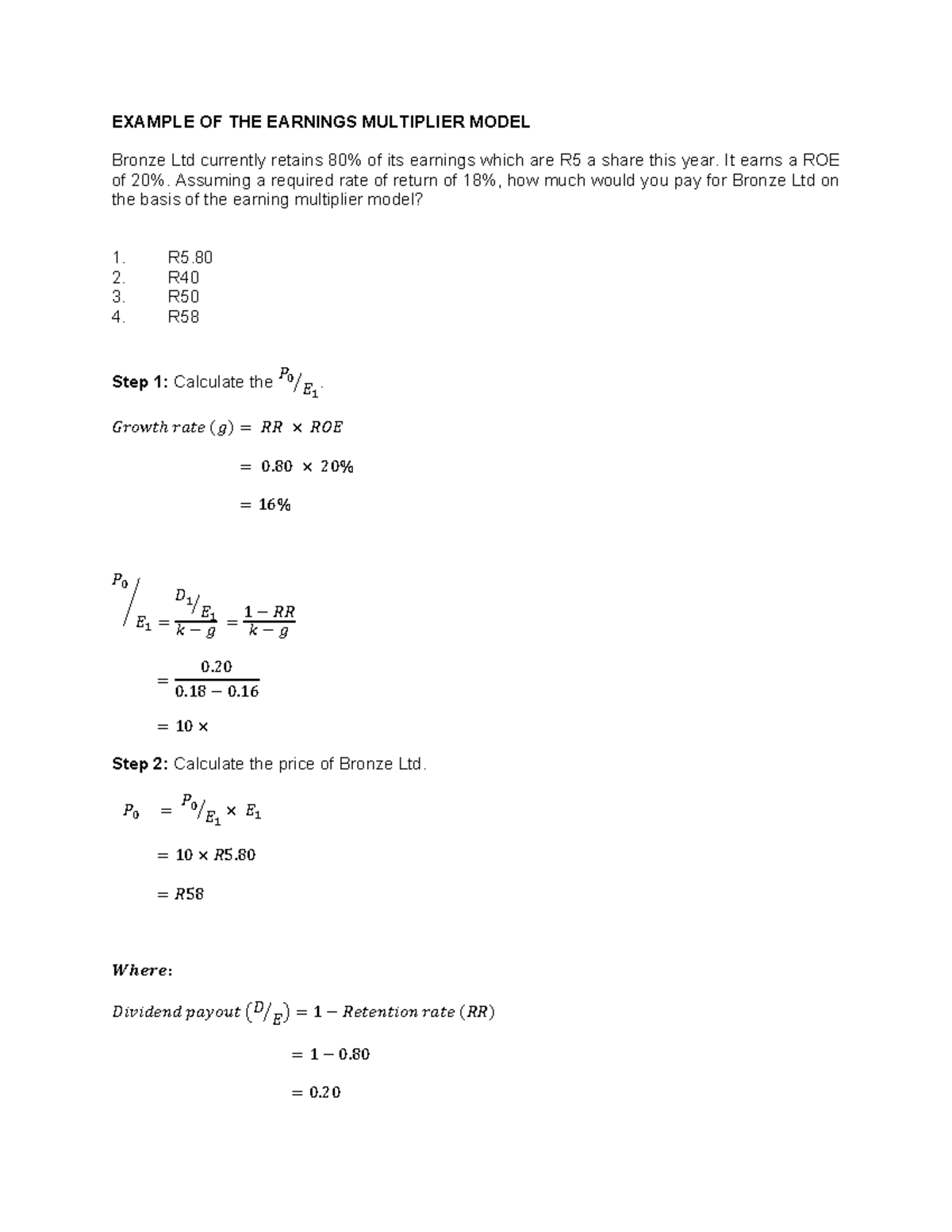 INV2601- Example OF Earnings Multiplier Model - EXAMPLE OF THE EARNINGS ...