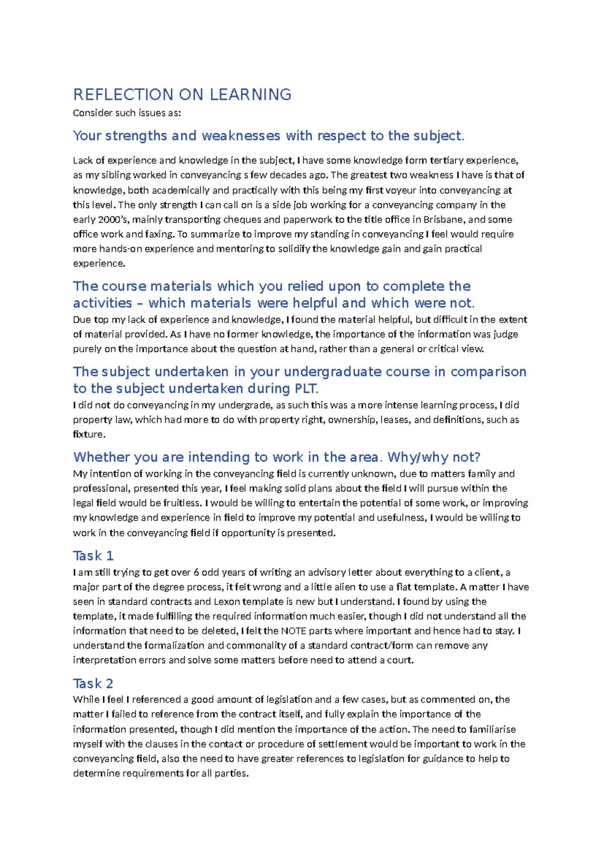 Property Oral - REFLECTION ON LEARNING Consider such issues as: Your ...