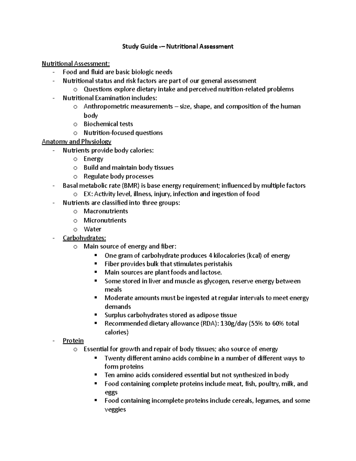 Study Guide Nutritional Assessment - Study Guide - Study Guide ...