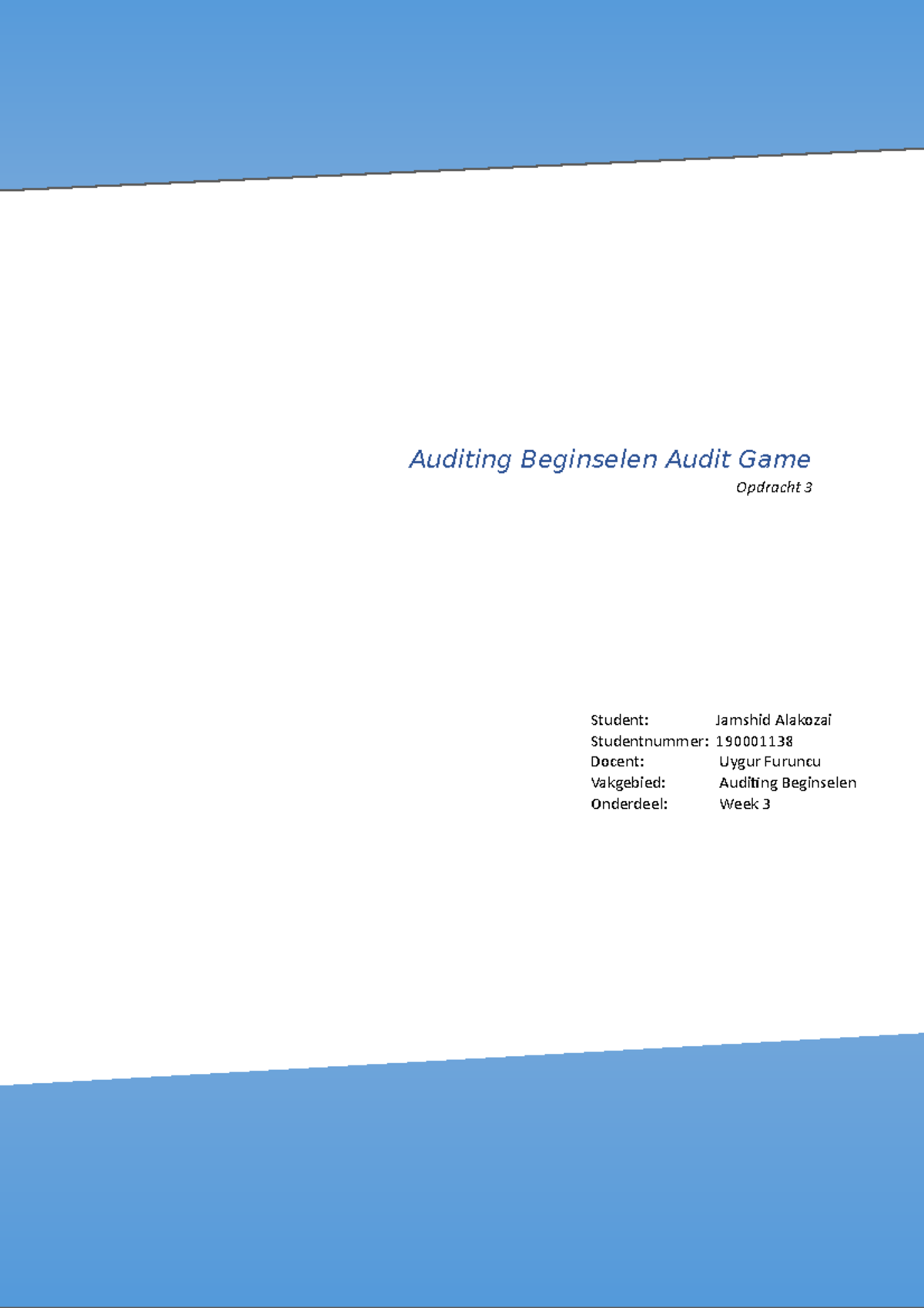 Audit Game opdracht 3 Vak Beginselen Auditing - Auditing Beginselen ...