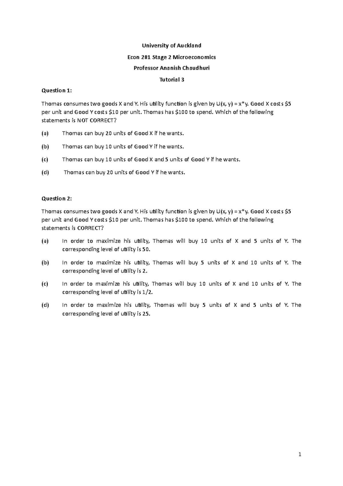 03 Tutorial #3 Questions - University of Auckland Econ 201 Stage 2 ...
