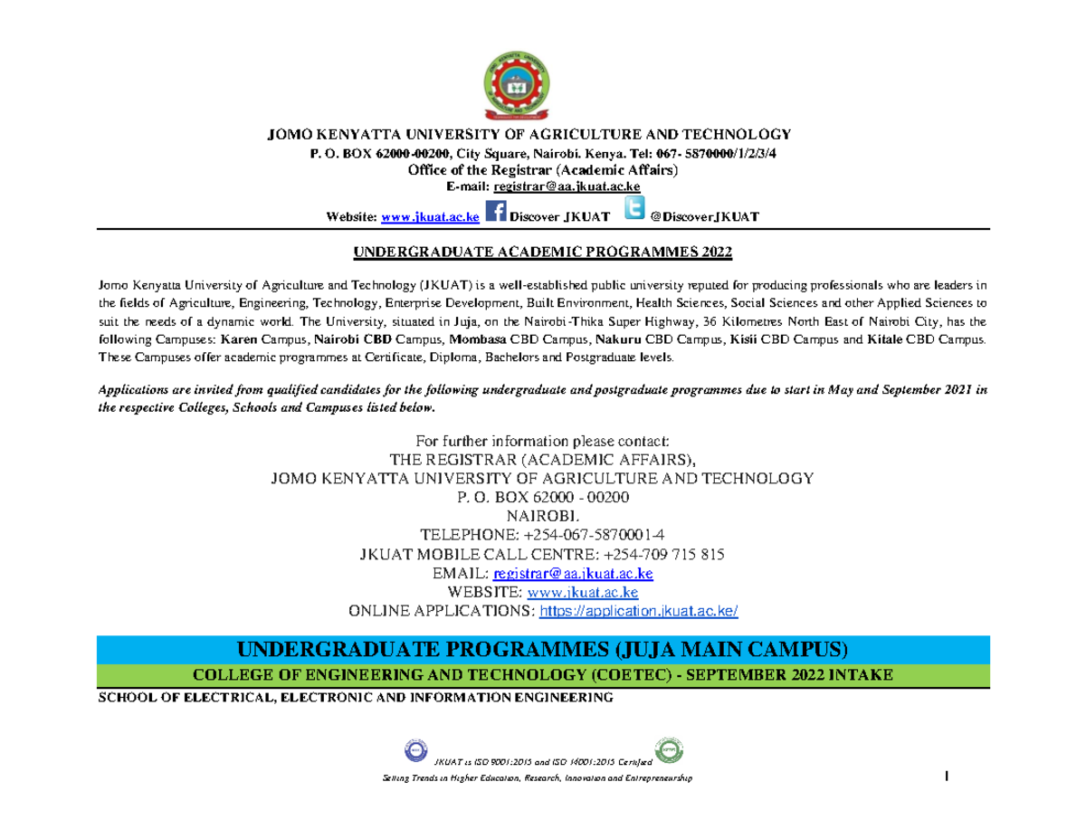 Advert FOR Jkuat Academic Programs 2022 - JKUAT is ISO 9001:2015 and ...