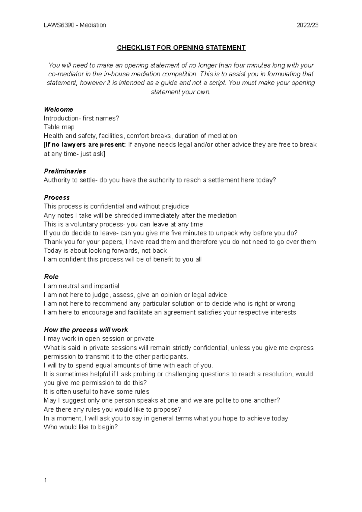Checklist for Opening Statement - LAWS6390 - Mediation 2022/ CHECKLIST ...