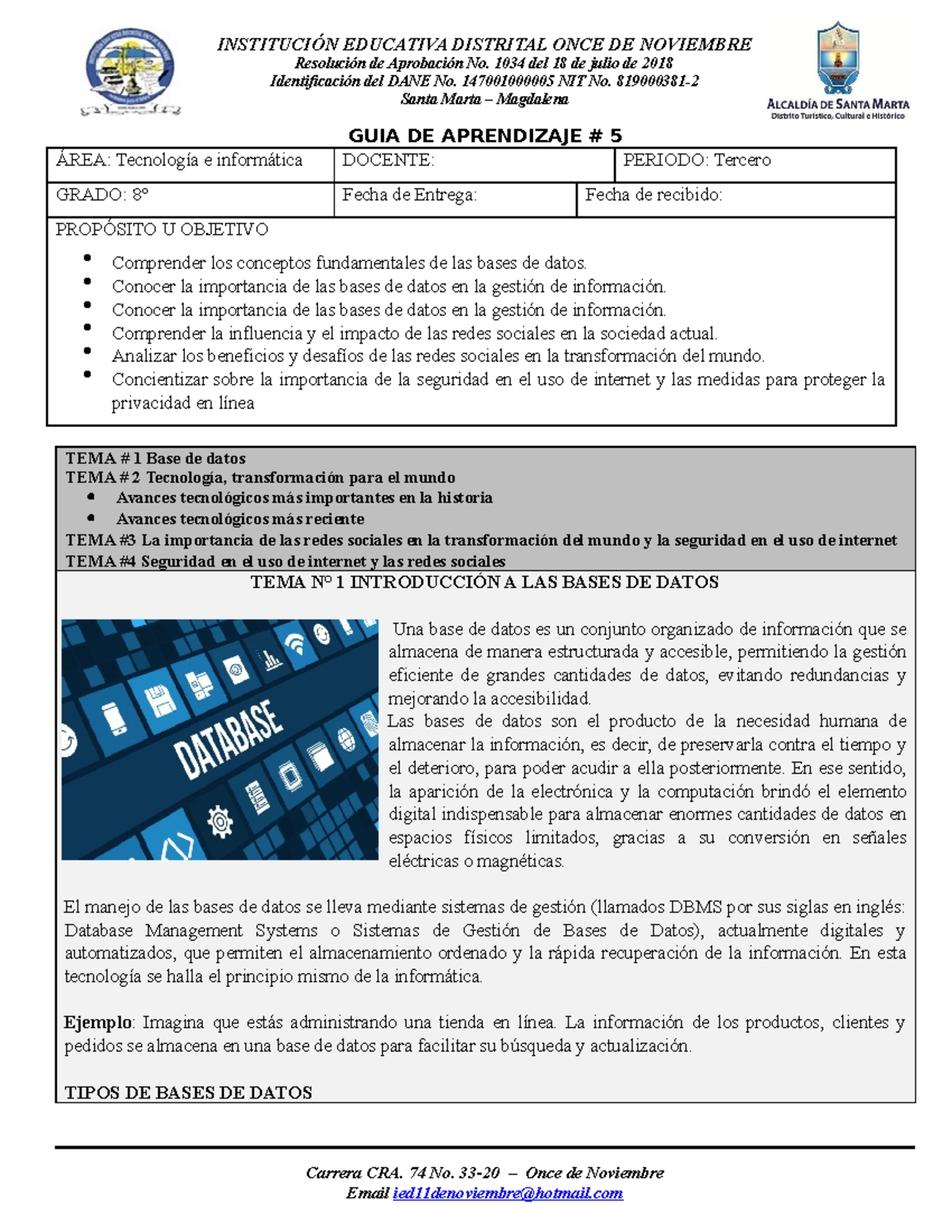 Guía De Aprendizaje 5 Grado 8° 2023 Resolución De Aprobación No