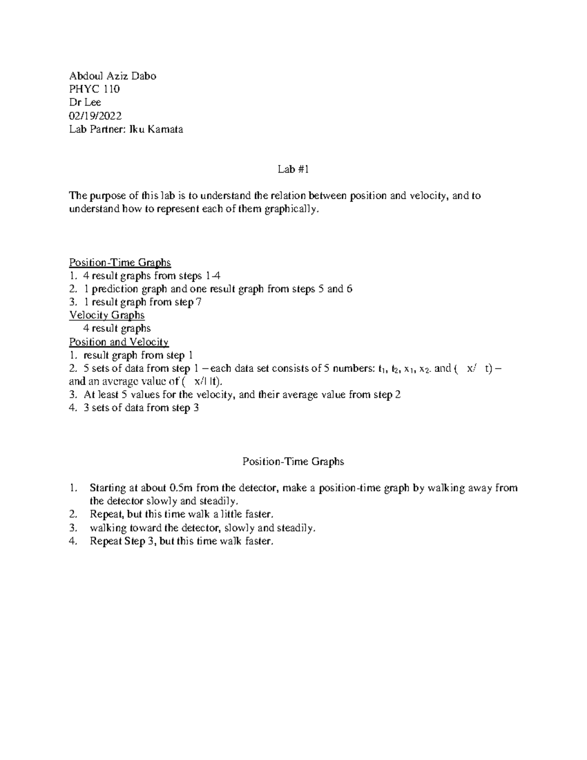 LAB ONE - Bio lab - Abdoul Aziz Dabo PHYC 110 Dr Lee 02/19/ Lab Partner ...