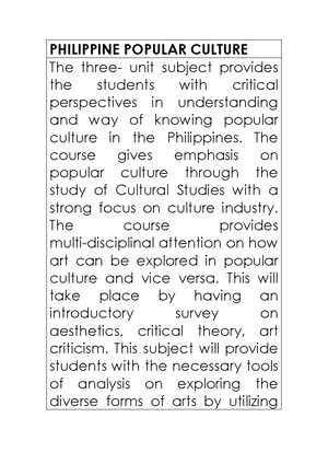 Philippine Popular Culture- Module Prelim - PHILIPPINE POPULAR CULTURE ...