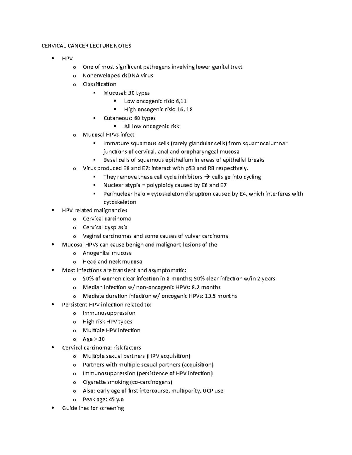 Cervical Cancer Lecture Notes - CERVICAL CANCER LECTURE NOTES HPV o One ...
