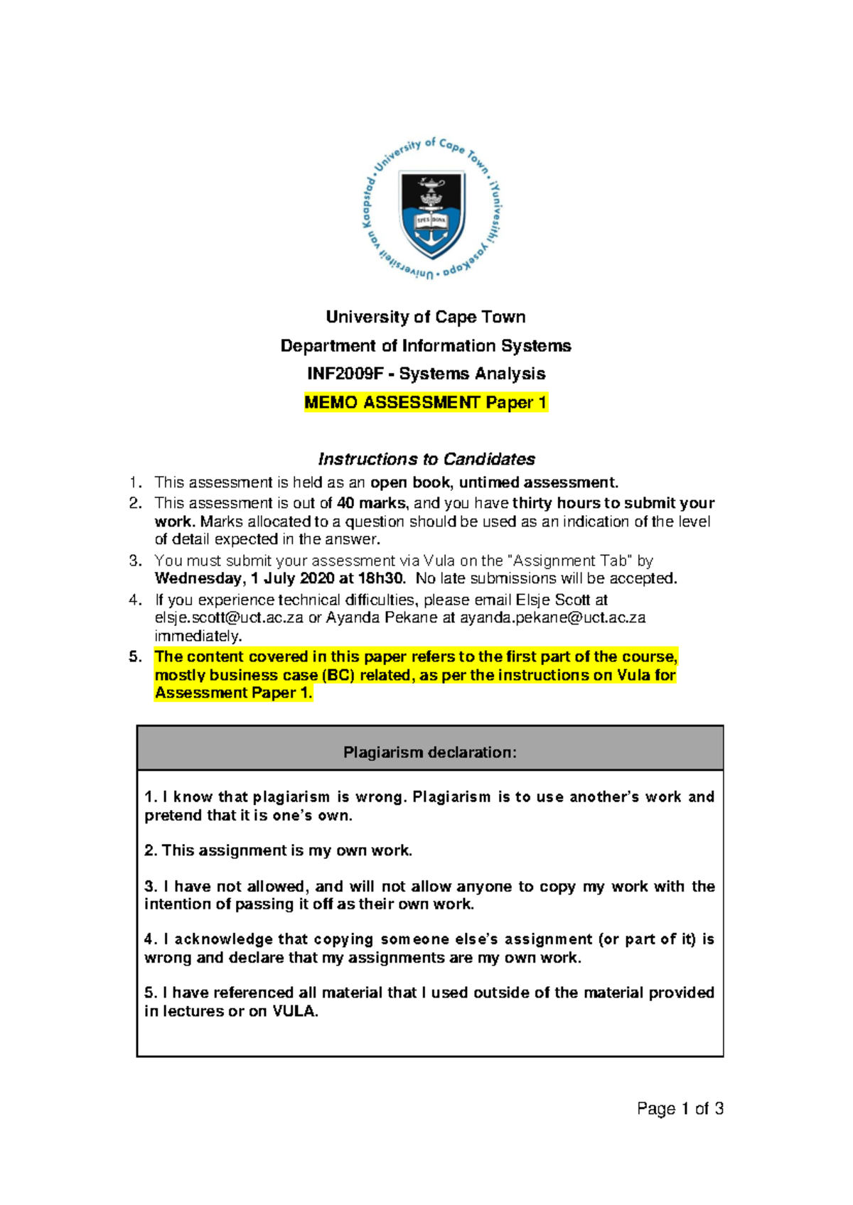 INF2009 F Assessment Paper 1 MEMO 2020v3 - University of Cape Town ...