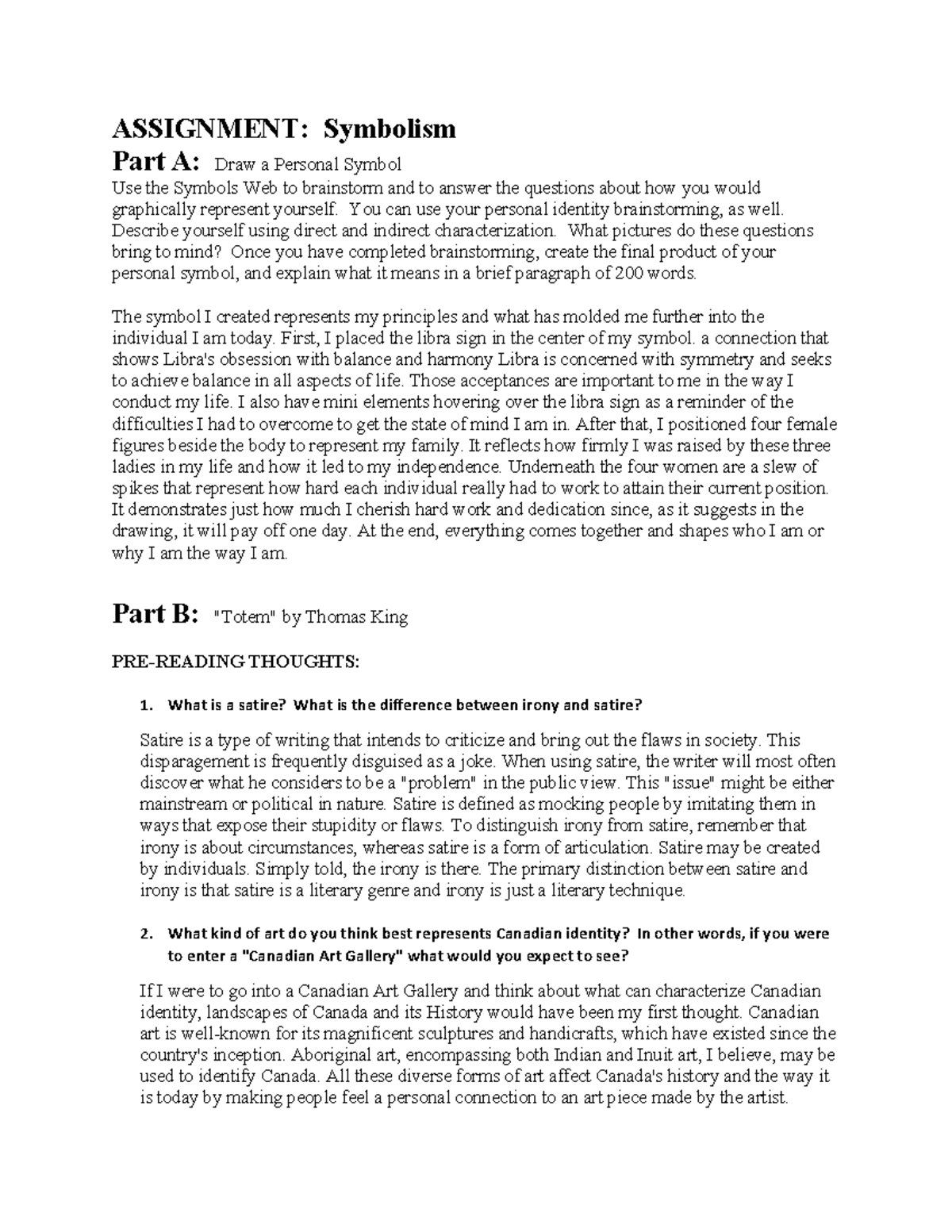 Symbolism - Full assighment - ASSIGNMENT: Symbolism Part A: Draw a ...