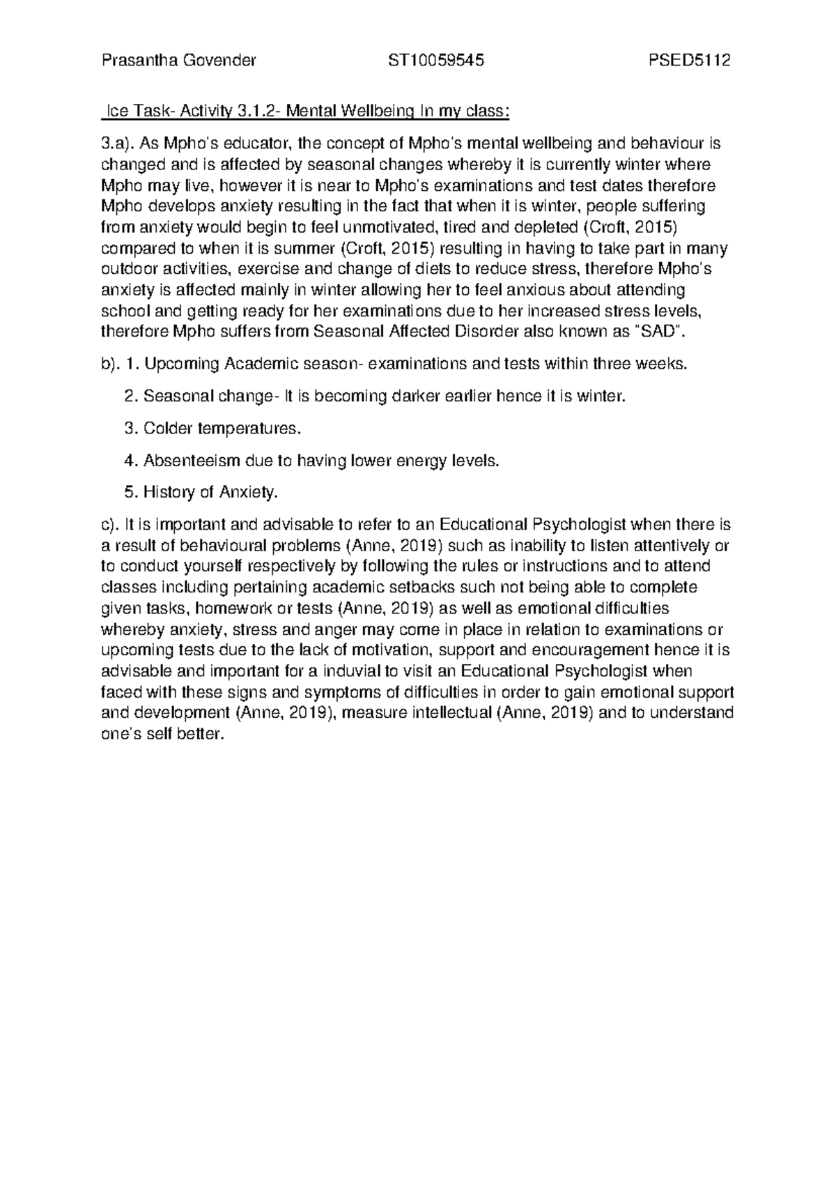 ice task activity - Prasantha Govender ST10059545 PSED Ice Task- Activity 3.1- Mental Wellbeing ...