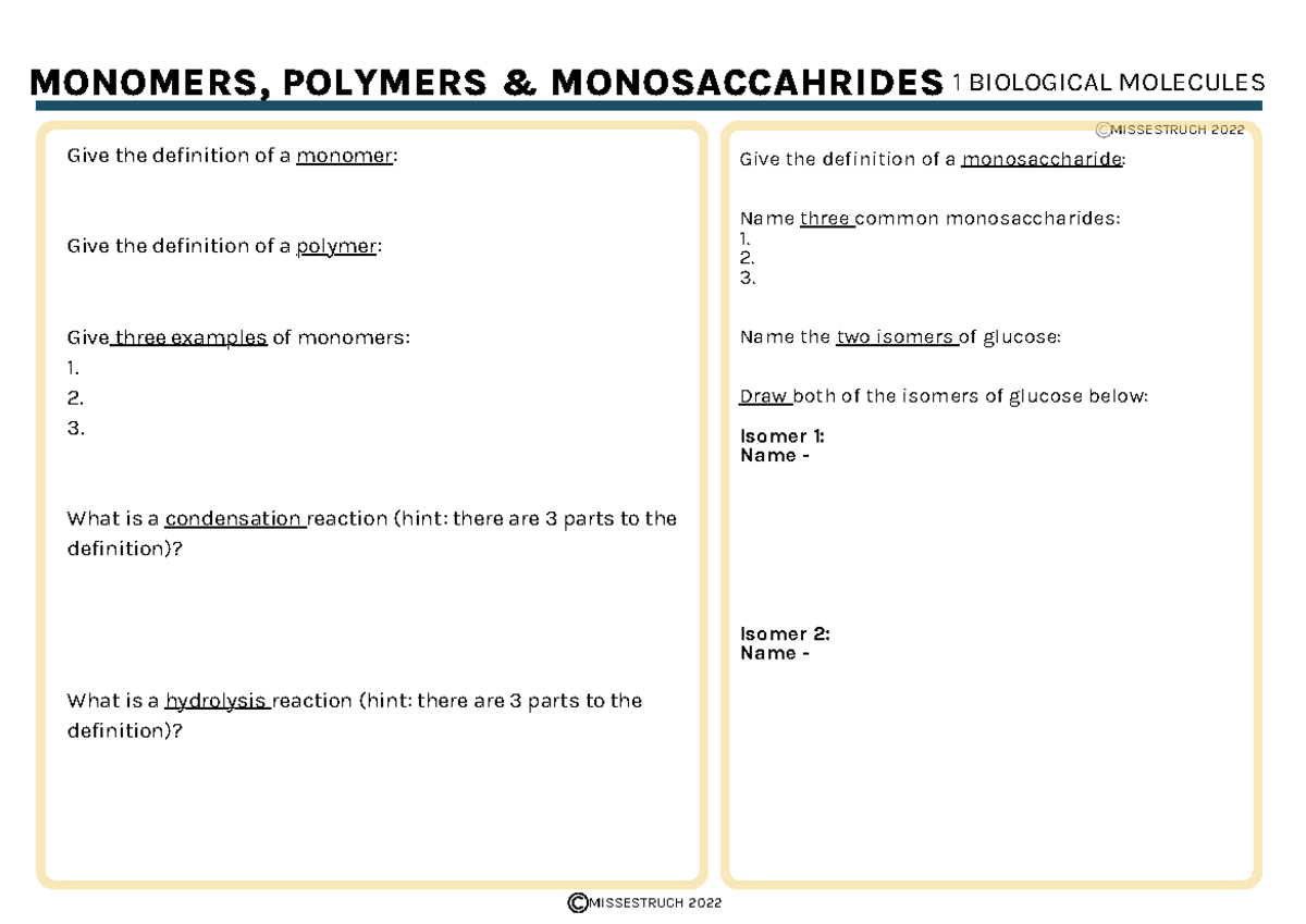 Topic 1 Biological molecules - MONOMERS, POLYMERS & MONOSACCAHRIDES ...
