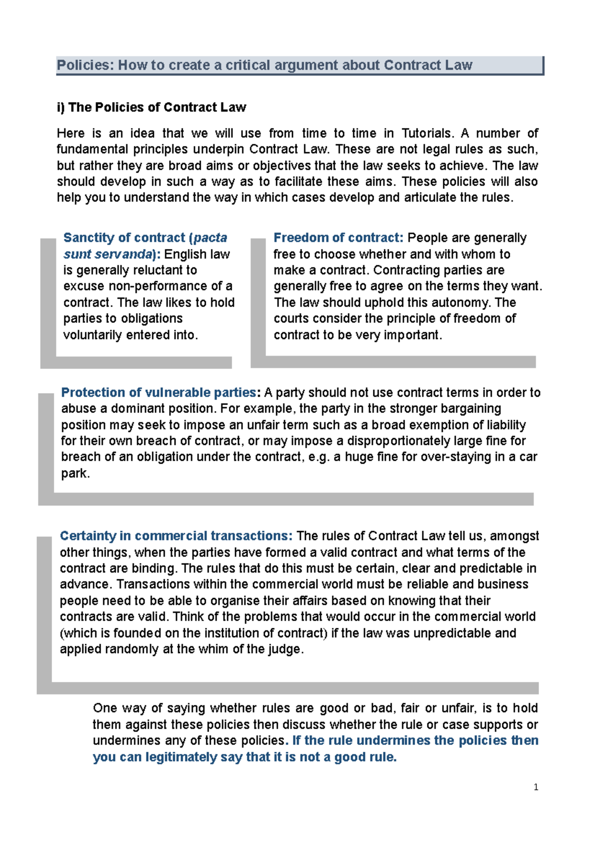 Contract Law - Policies and Critical Argument - Policies: How to create ...