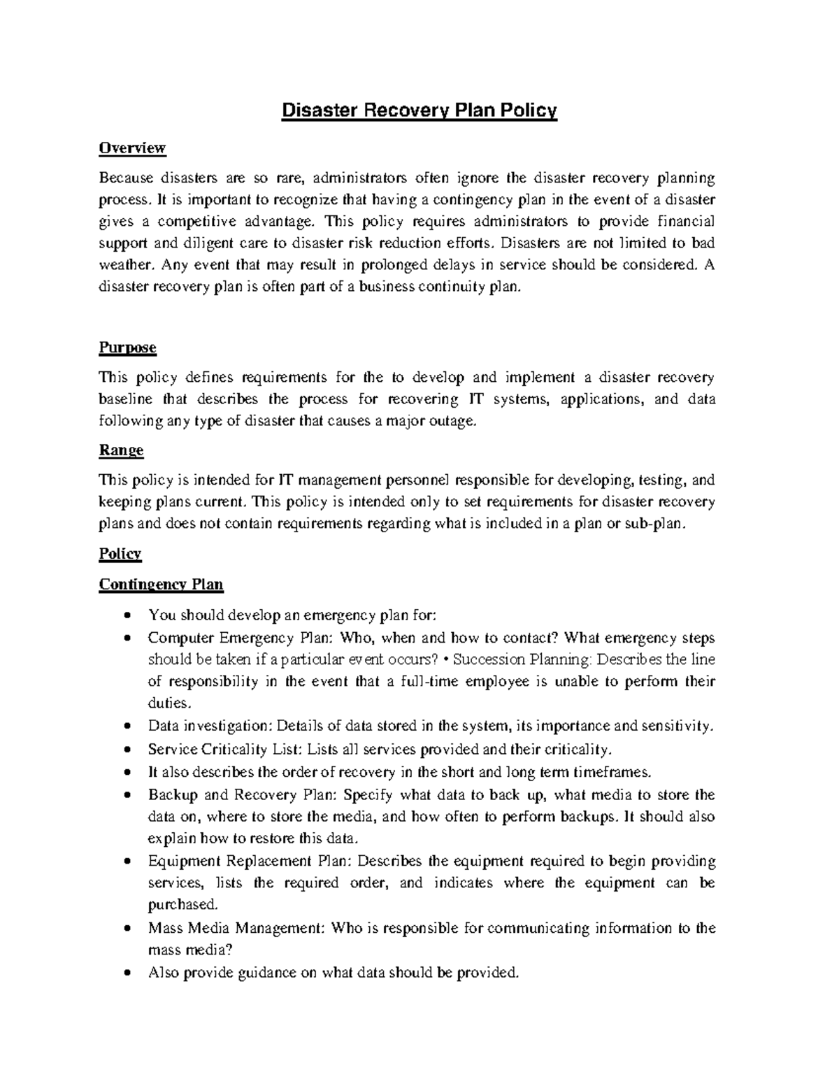 Disaster recovery policy - Disaster Recovery Plan Policy Overview ...