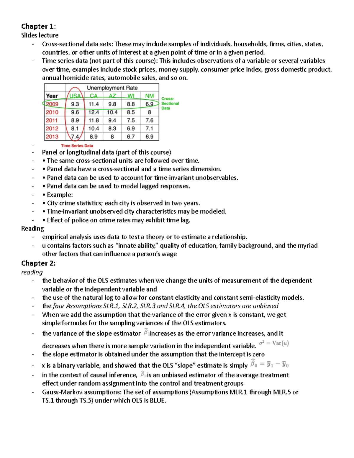 ECON 3720 exam 1 - notes - Chapter 1: Slides lecture - Cross-sec/onal ...