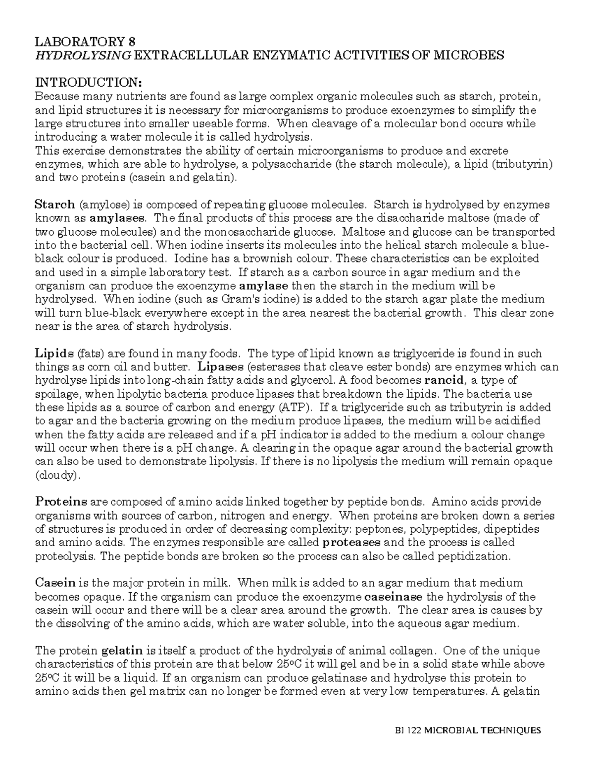 Lab 8 Enzymes - Lab 8 Practical assignment - LABORATORY 8 HYDROLYSING ...