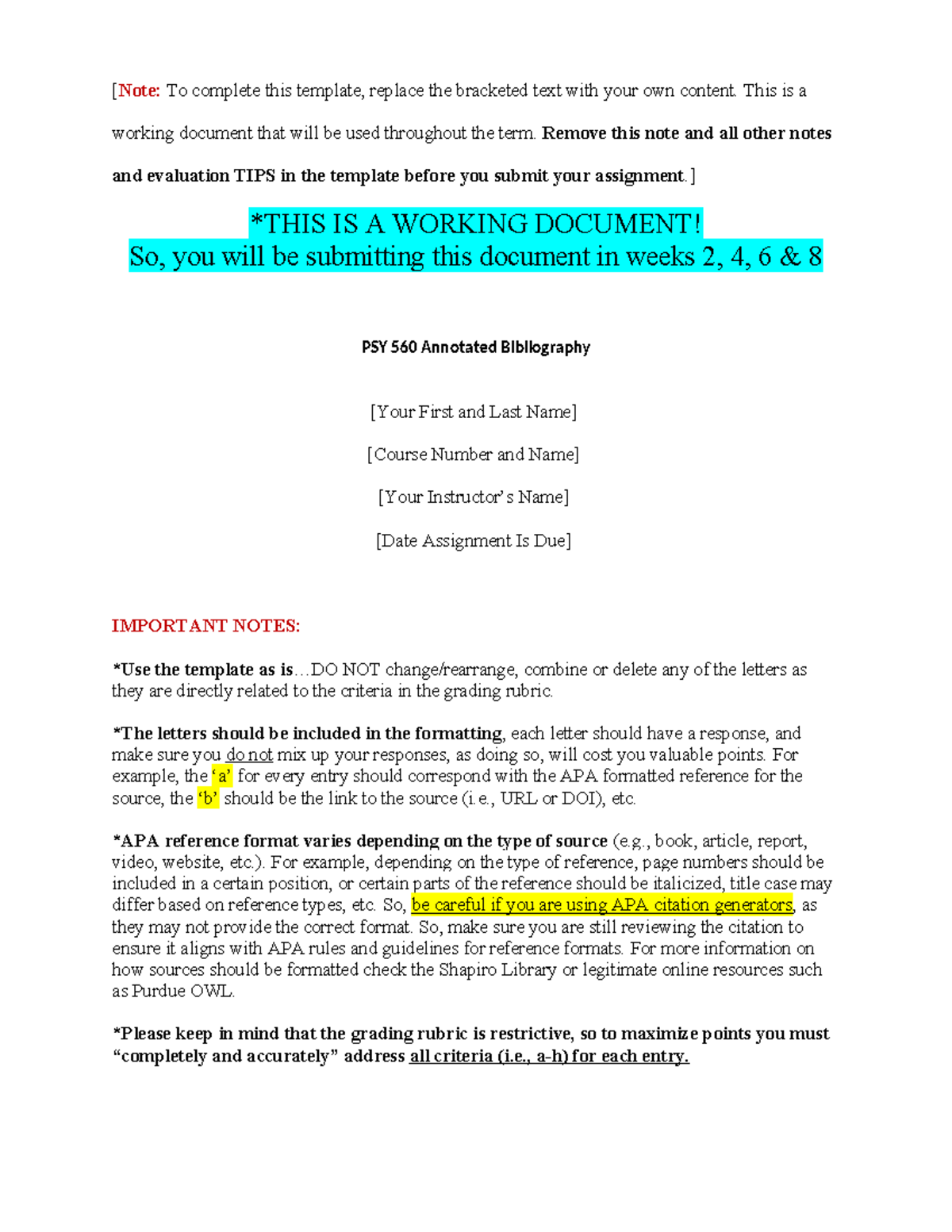 PSY 560 Color-Coded Annotated Bibliography Template - [Note: To ...