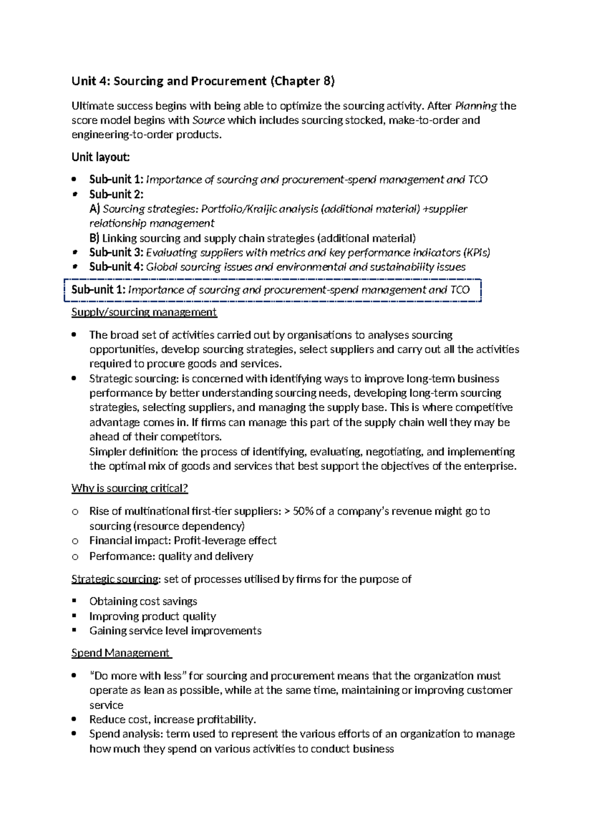 Unit 4- Summarized - Summary Supply chain management - Unit 4: Sourcing ...