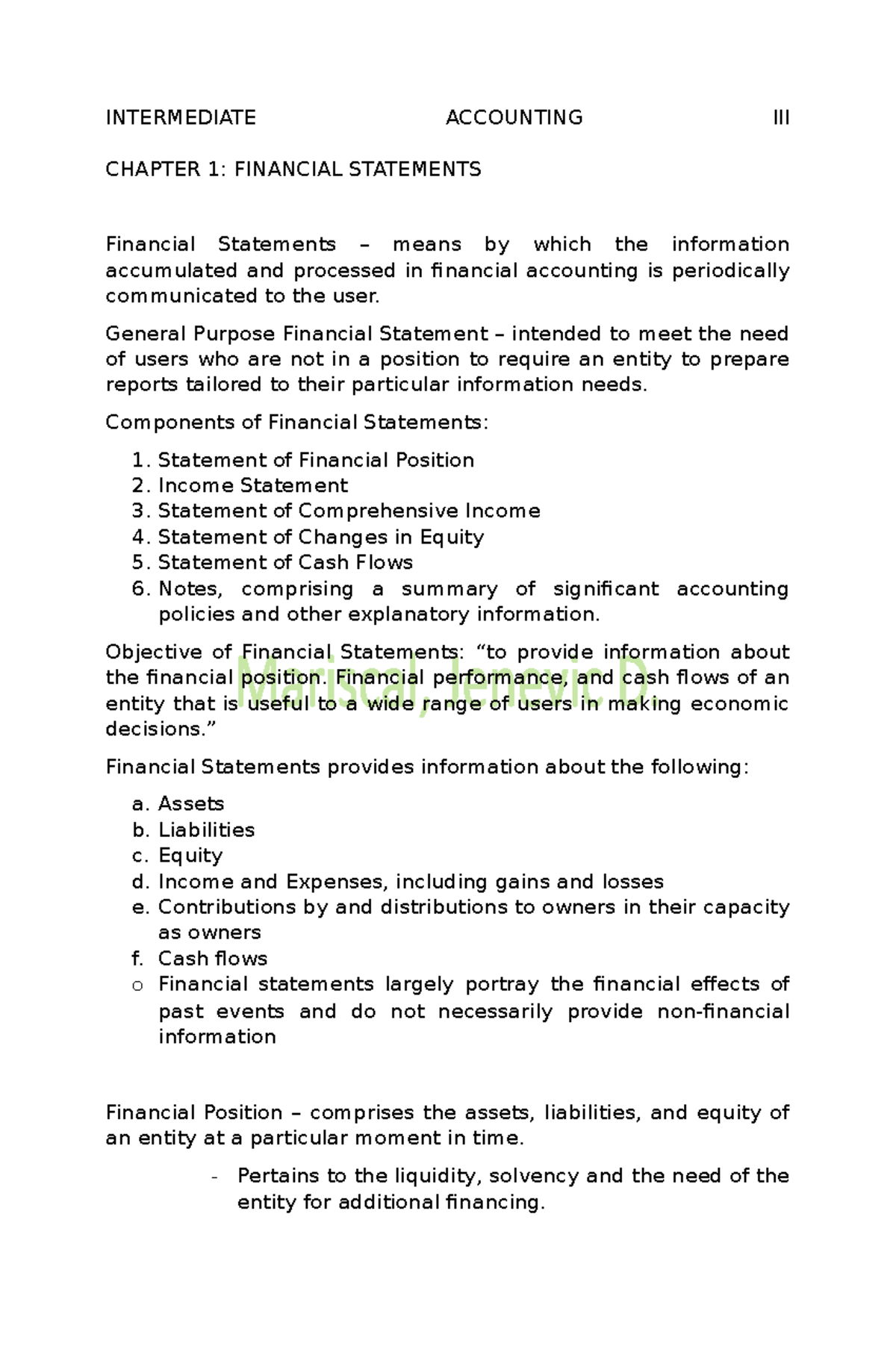 Chapter 1 Financial Statements - INTERMEDIATE ACCOUNTING III CHAPTER 1 ...
