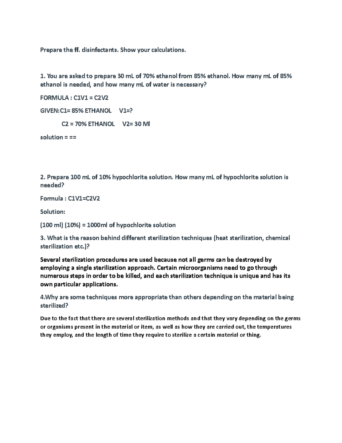 Preparation of Disinfectants - Prepare the ff. disinfectants. Show your ...