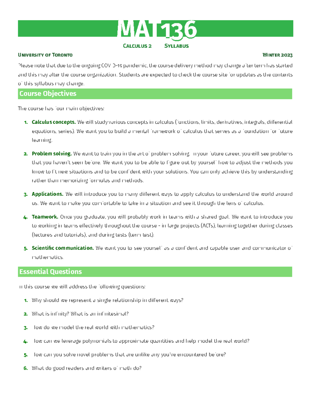Mat136-syllabus-W23 - syllabus - 136 . - MAT 136 . Calculus 2 Syllabus ...