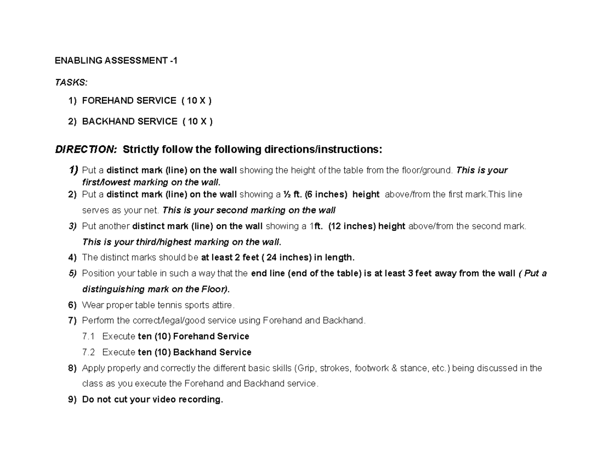 1st Sem - asfdwsfsaf - ENABLING ASSESSMENT - TASKS: 1) FOREHAND SERVICE ...